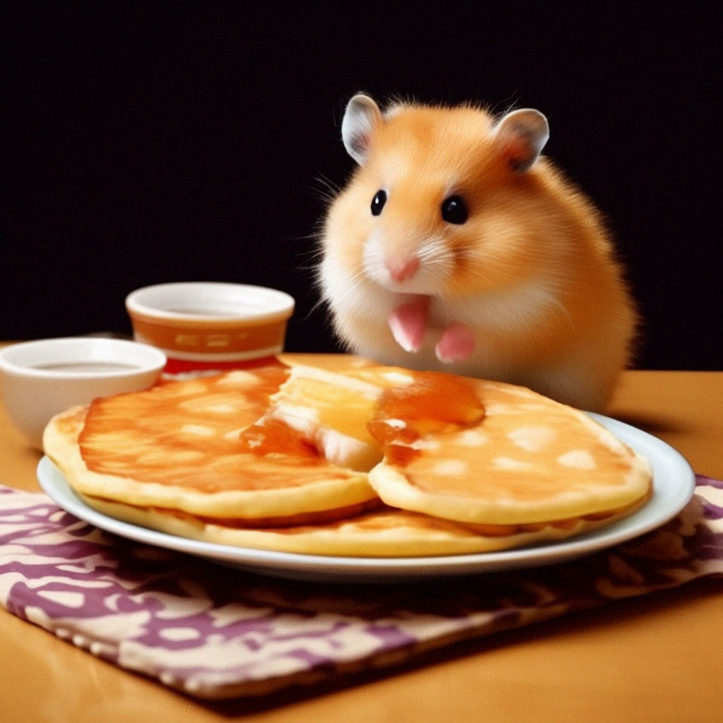 "Red hamster eats bacon from a plate and pancakes for breakfast ...