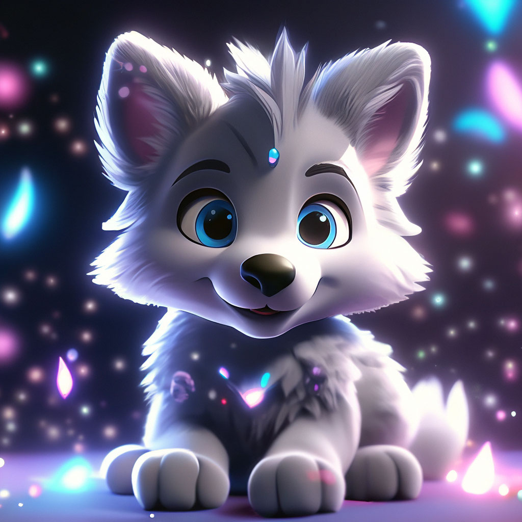 "Fabulous cartoon cute gray wolf Glow Glitter 4k Hyperrealism Detailing ...