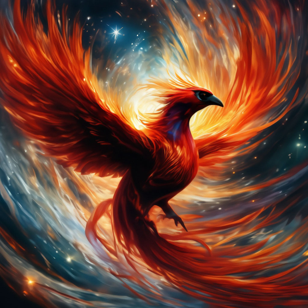 "A firebird in space.the universe, planets, filaments, comets, a black ...