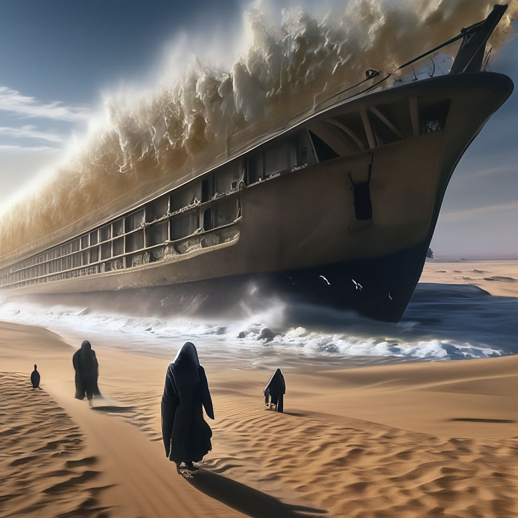 "The tsunami hit the desert..the ship was carried out ..... an artist's ...