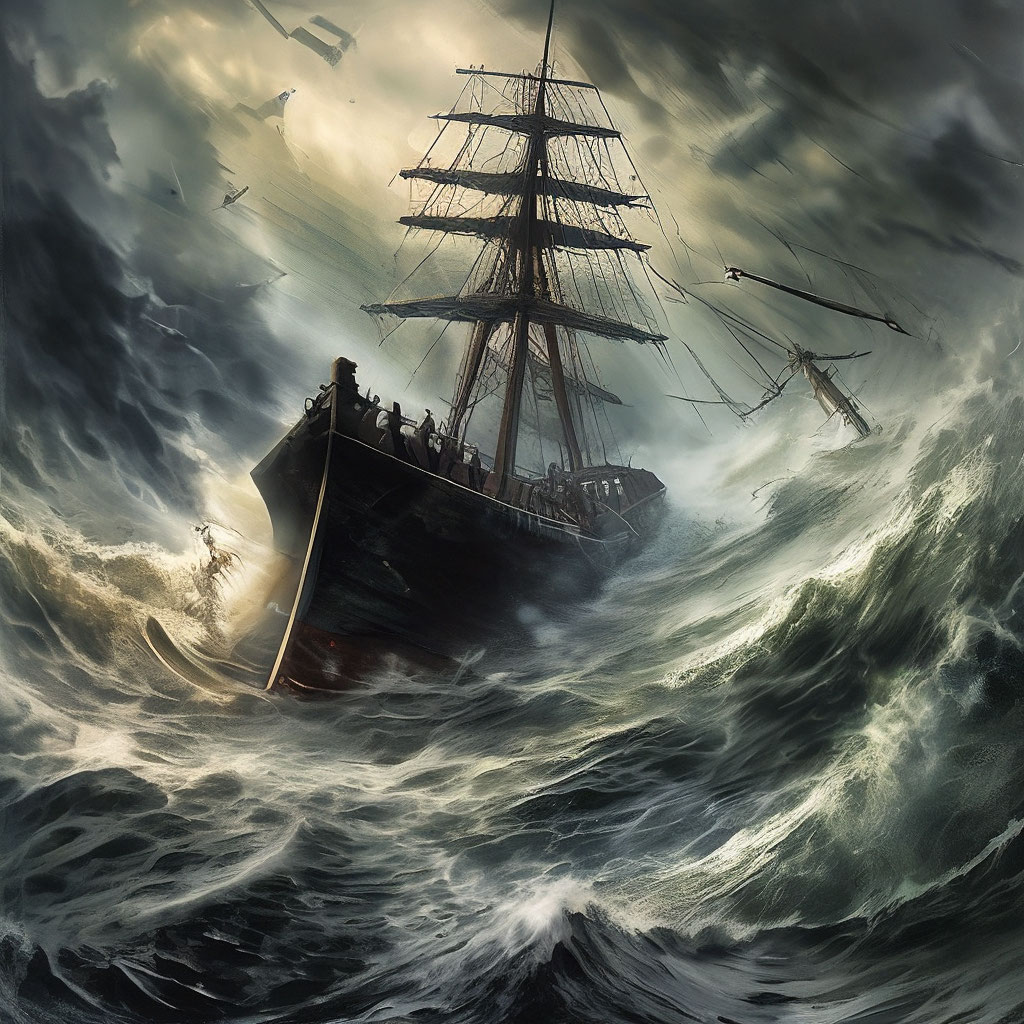 "A storm on the black sea and a sinking ship." — image created in Shedevrum