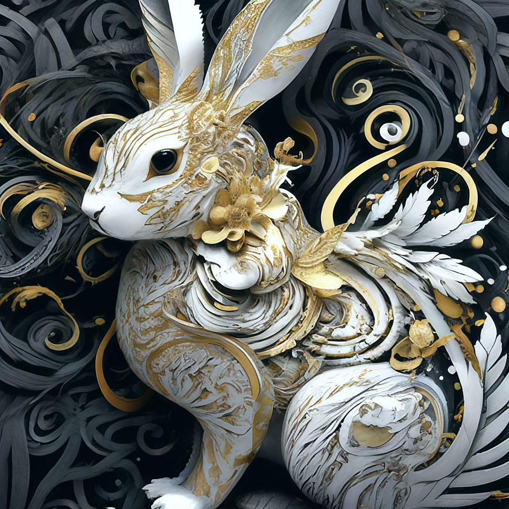 "Realistic, digital art, rabbit, bunny made of feather swirls, delicate ...