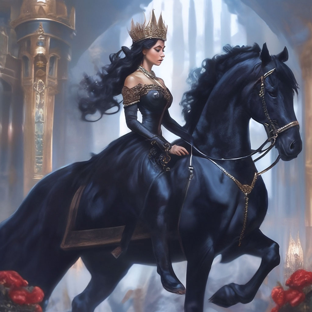 "The queen in a beautiful dress riding a black horse" — image created ...