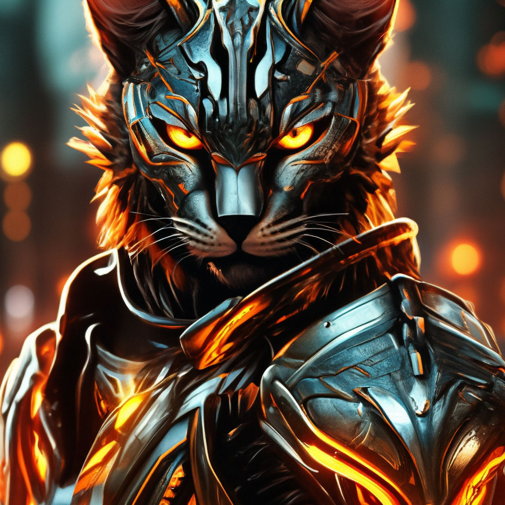 "Anthropomorphic phoenix warrior cat, masked, armored, severe, gloomy ...