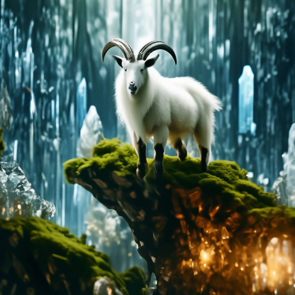 "Fantasy .(+a white downy goat stands on the branches of an epic convex ...