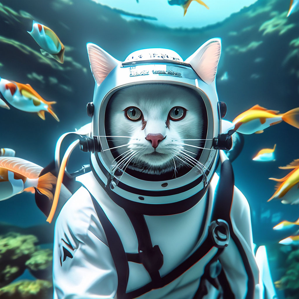 "White cat diver in scuba suit, swimming in the sea with fish ...