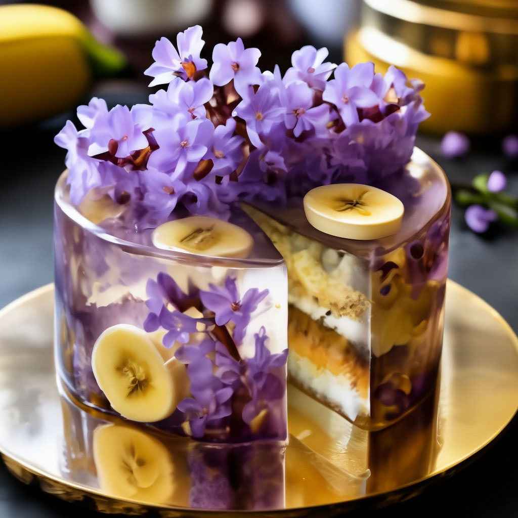 "A cake made of transparent epoxy resin lilacs and bananas inside a ...