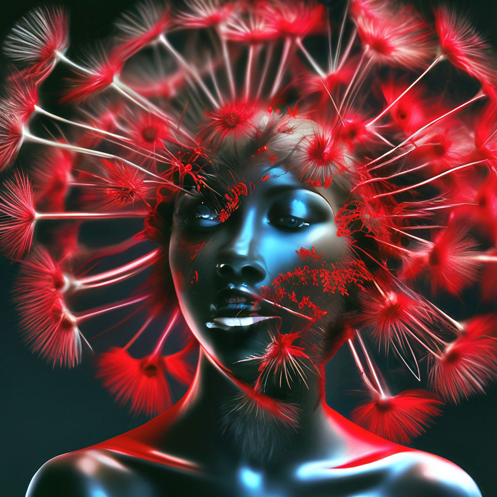 "Girl's face skin, +inside+ red dandelions+wall+wind+natural ...