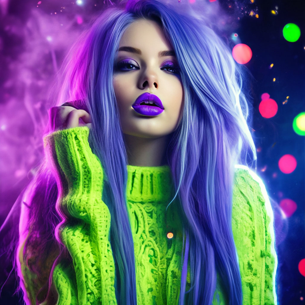 "Glitter filter. Beautiful stylish emo girl with purple long hair ...