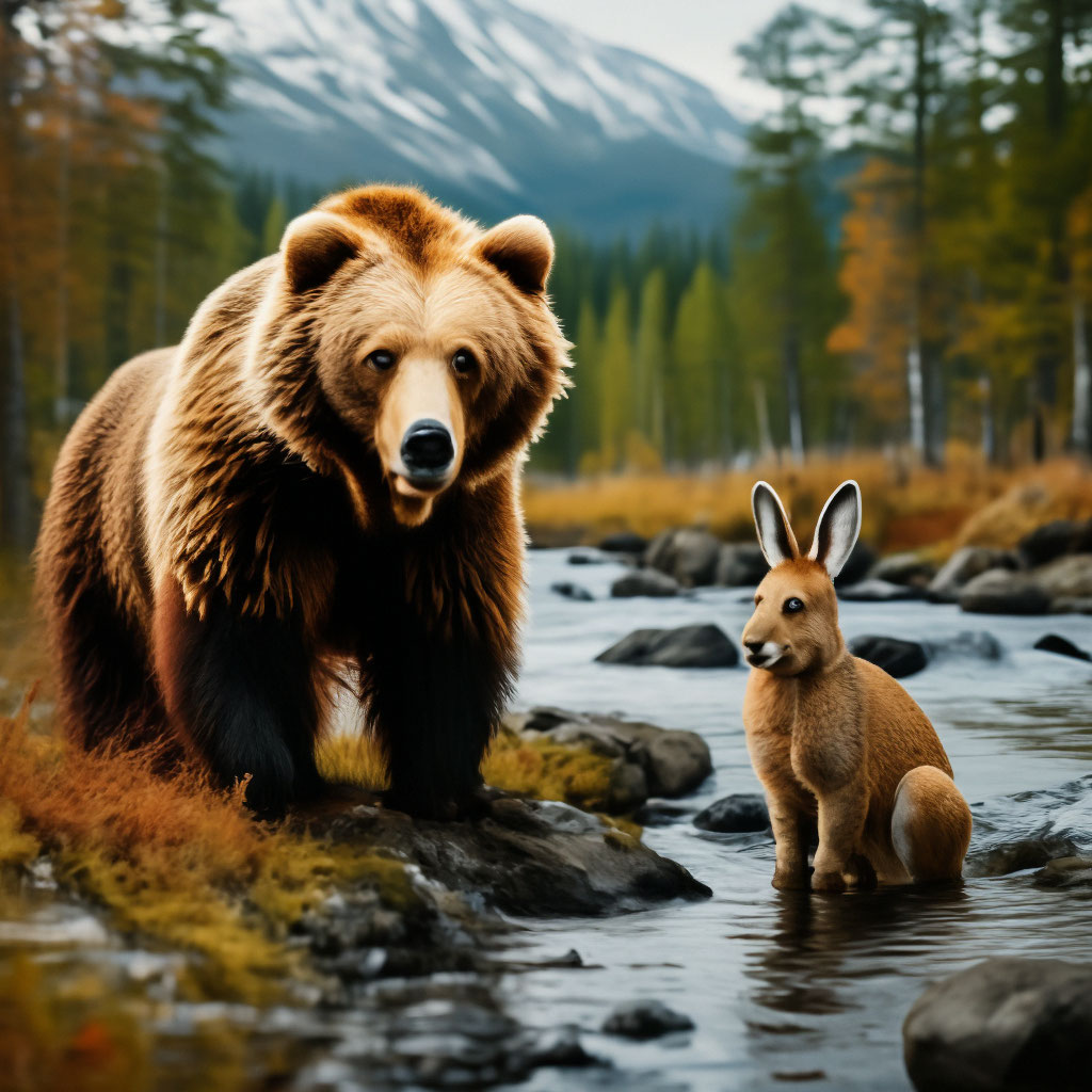 "Red bear in nature next to a hare and a river" — image created in ...