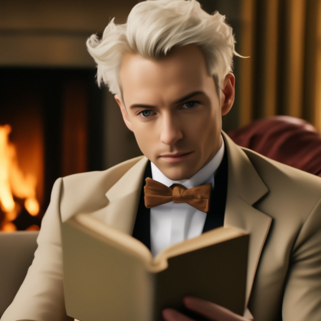 "The white-haired angel Aziraphale in a beige suit with a bow tie ...