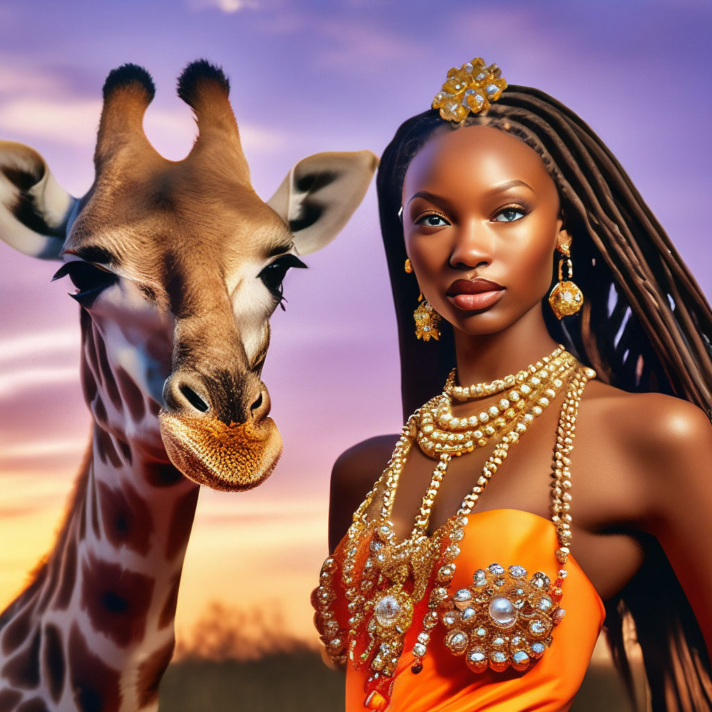 "Mega realistic, giraffe, next to a gorgeous African girl, attractive ...