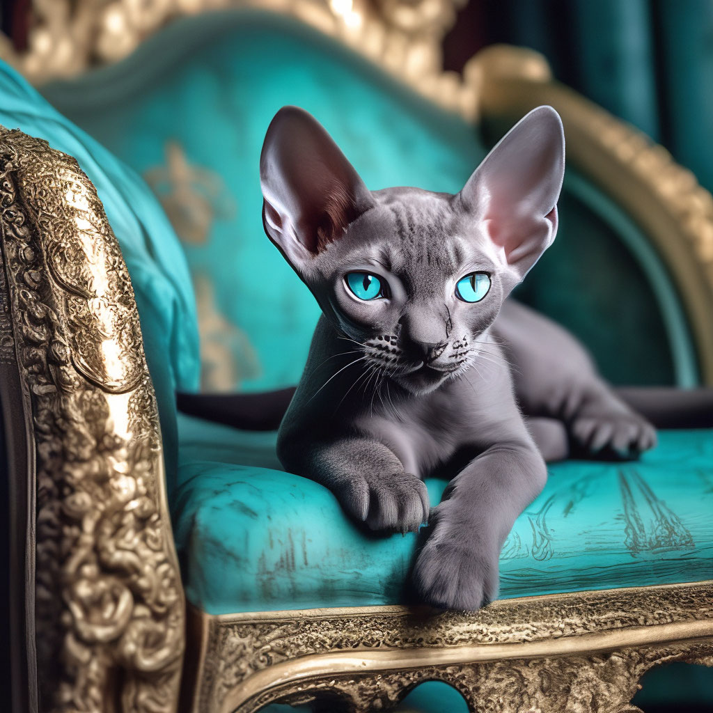 "A cute kitten of the Konada sphinx of black color lies on a beautiful ...