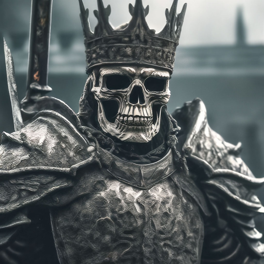 "Creepy scary, king, in heavy armor, with a scary crown, with a ...