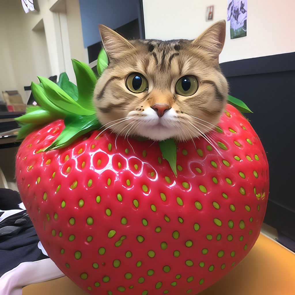 "Meme cat stuck in a huge strawberry" — image created in Shedevrum