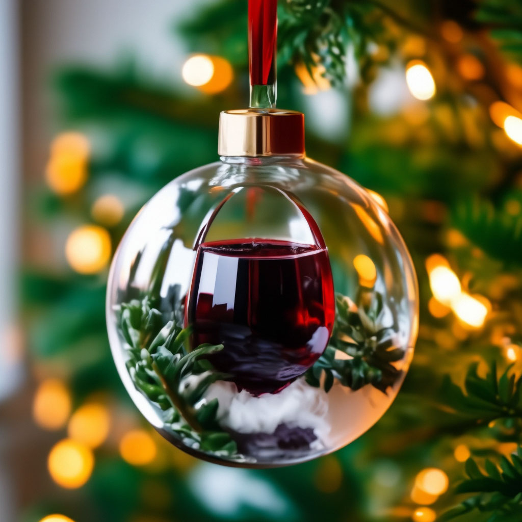 "A transparent Christmas tree ball with red wine inside is hanging ...