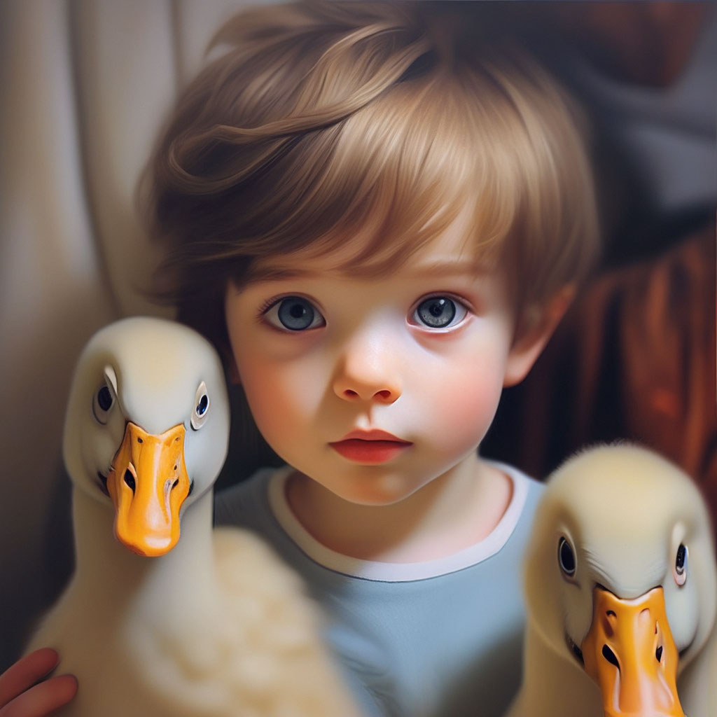 "Metamorphosis boy 2 years old goose big eyes cute realism" — image ...