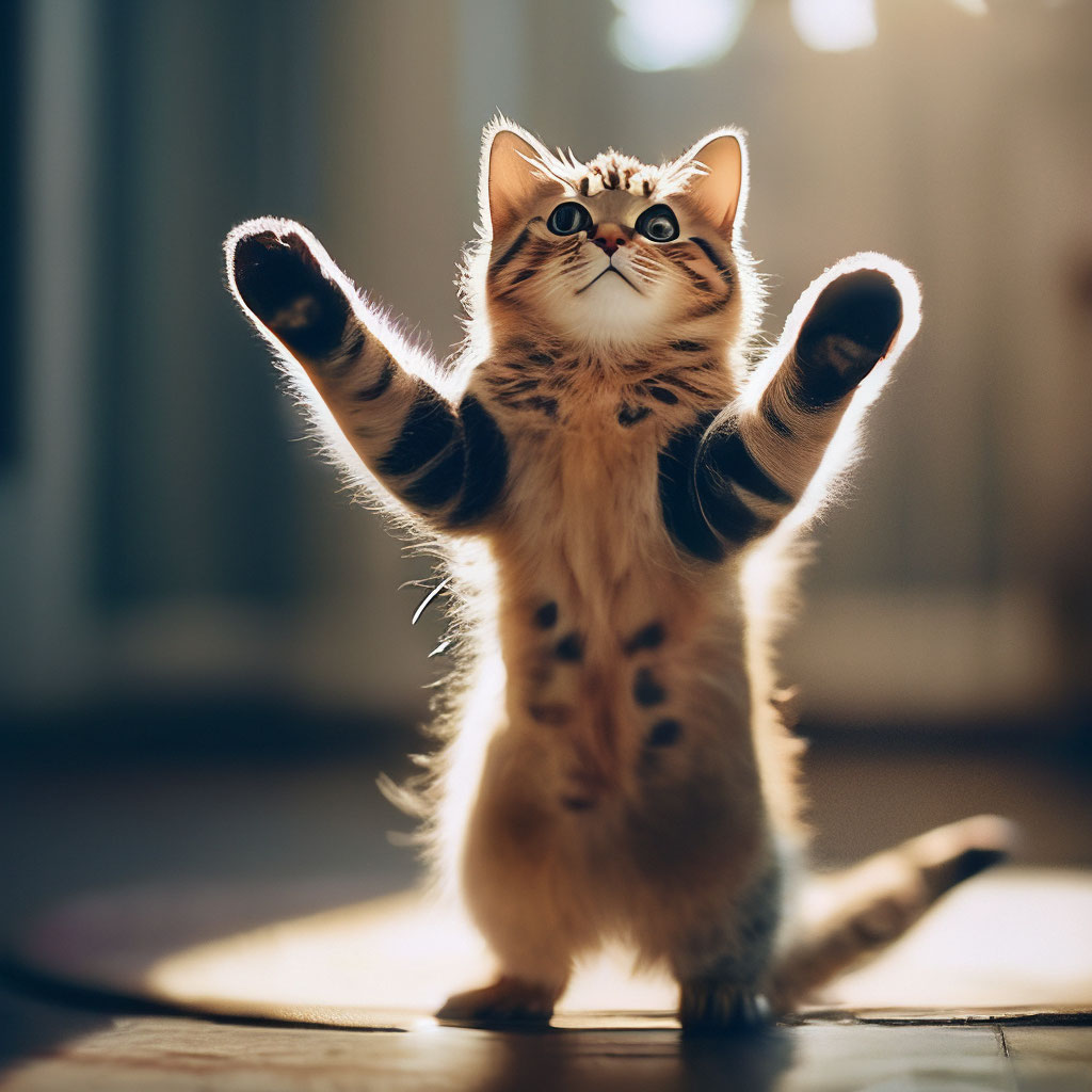 "The cat stands still and jumps and waves its paws, beautiful ...
