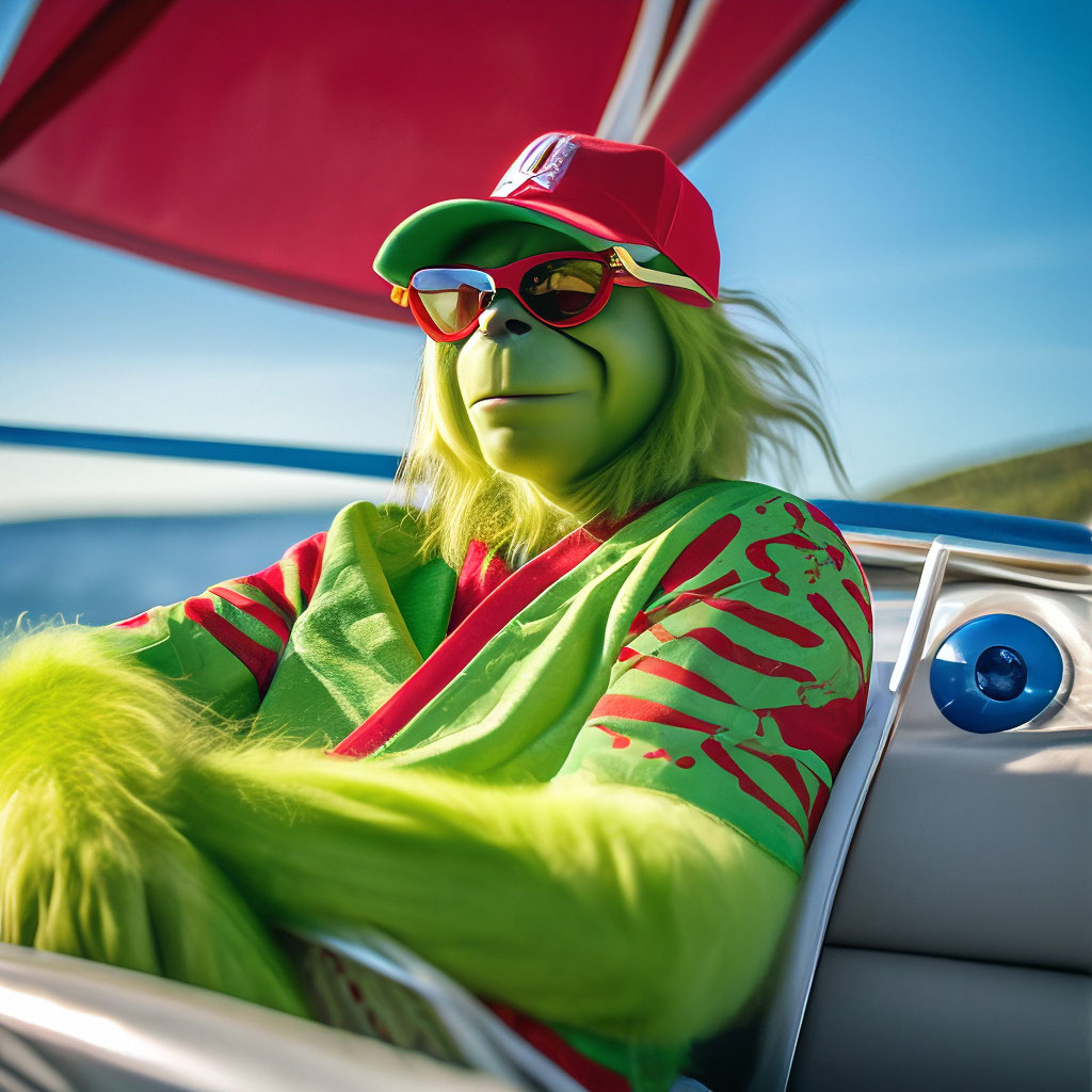 "Grinch in a baseball cap resting on a yacht, professional photo ...
