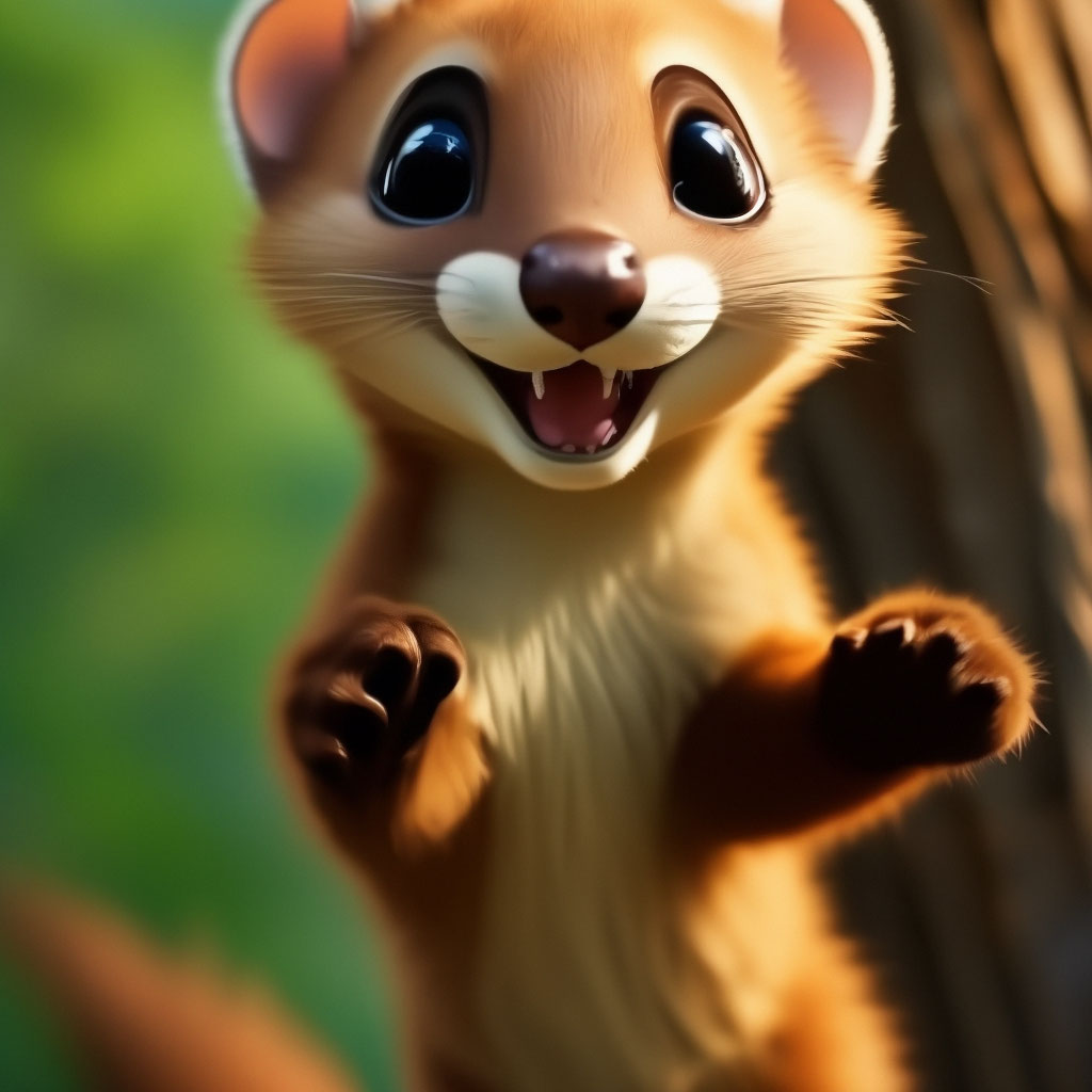 "Cartoon weasel jumping on a tree, smile on its face, soft lighting ...