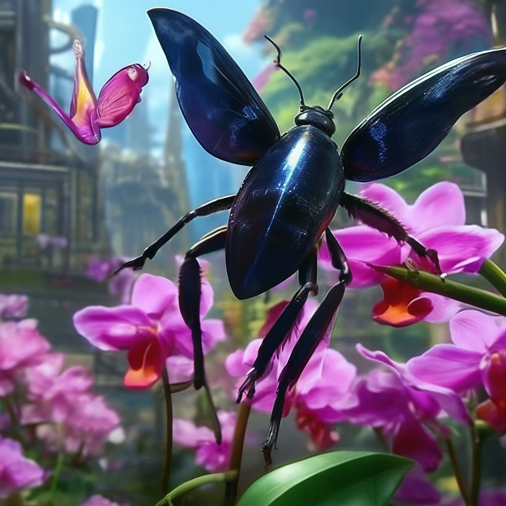"A black thin beetle and an orchid.🌺🦟 I am a very arrogant, cunning ...
