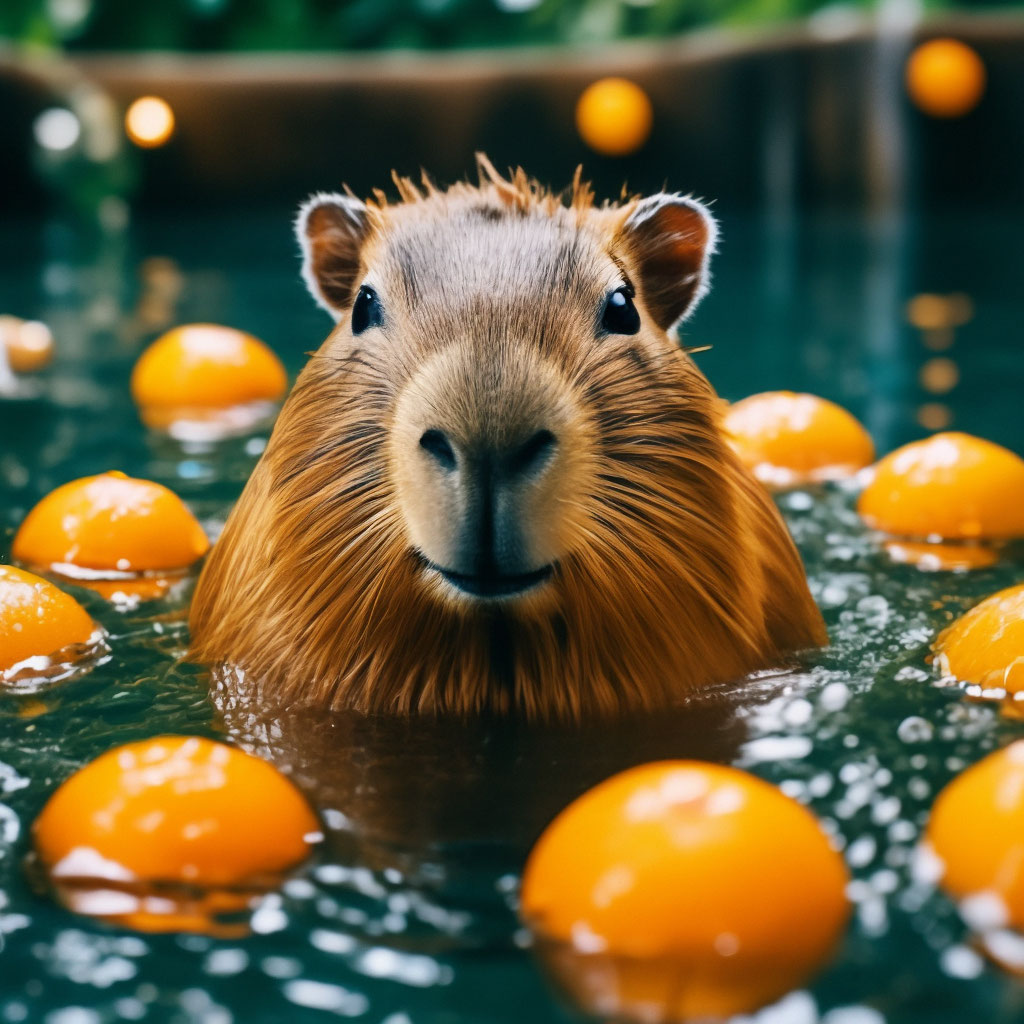 "Capybara in a bath with oranges" — image created in Shedevrum
