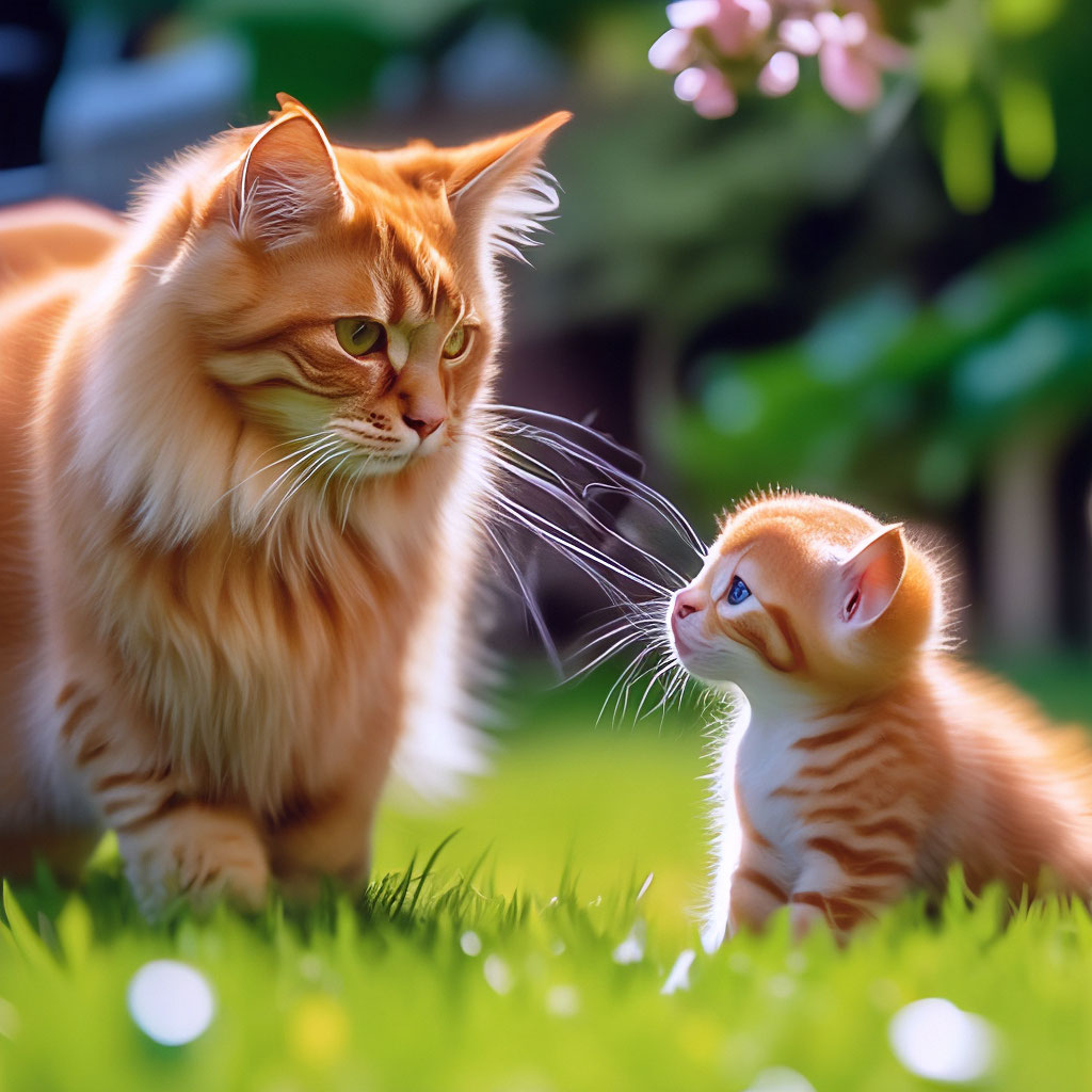 "Cute mega fluffy big ginger cat playing with a tricolor kitten in the ...