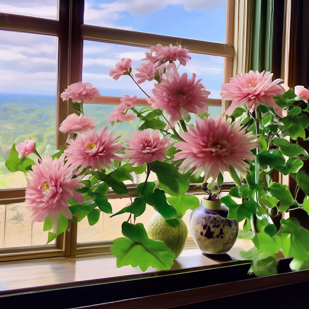 "Ikebana ,"Eternally beautiful" , chrysanthemum hyperrealism,panoramic ...