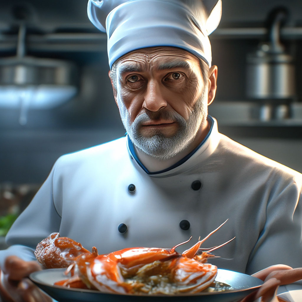 "Grey severe and strict chef,in the form of a chef cooks shrimp,very ...