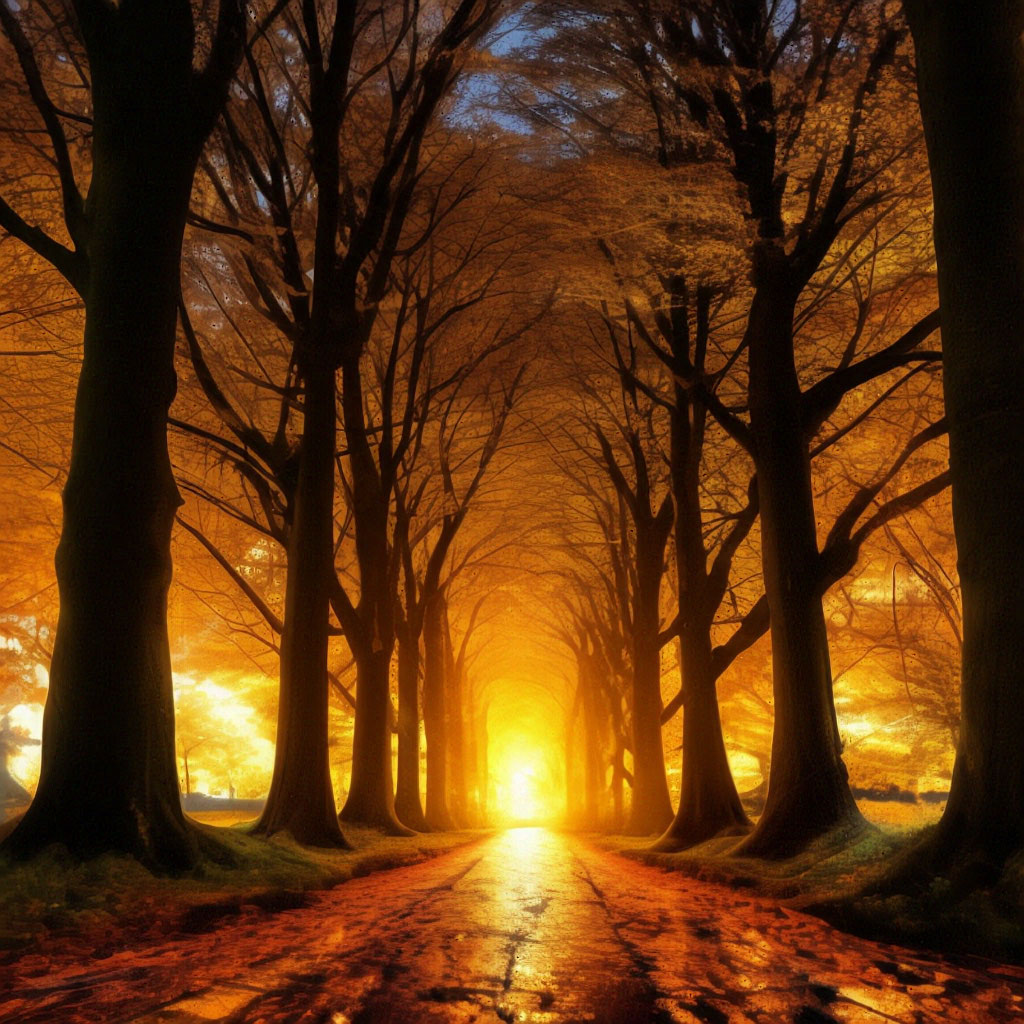 "Along an alley that went deep into the forest park. Tall, mighty trees ...