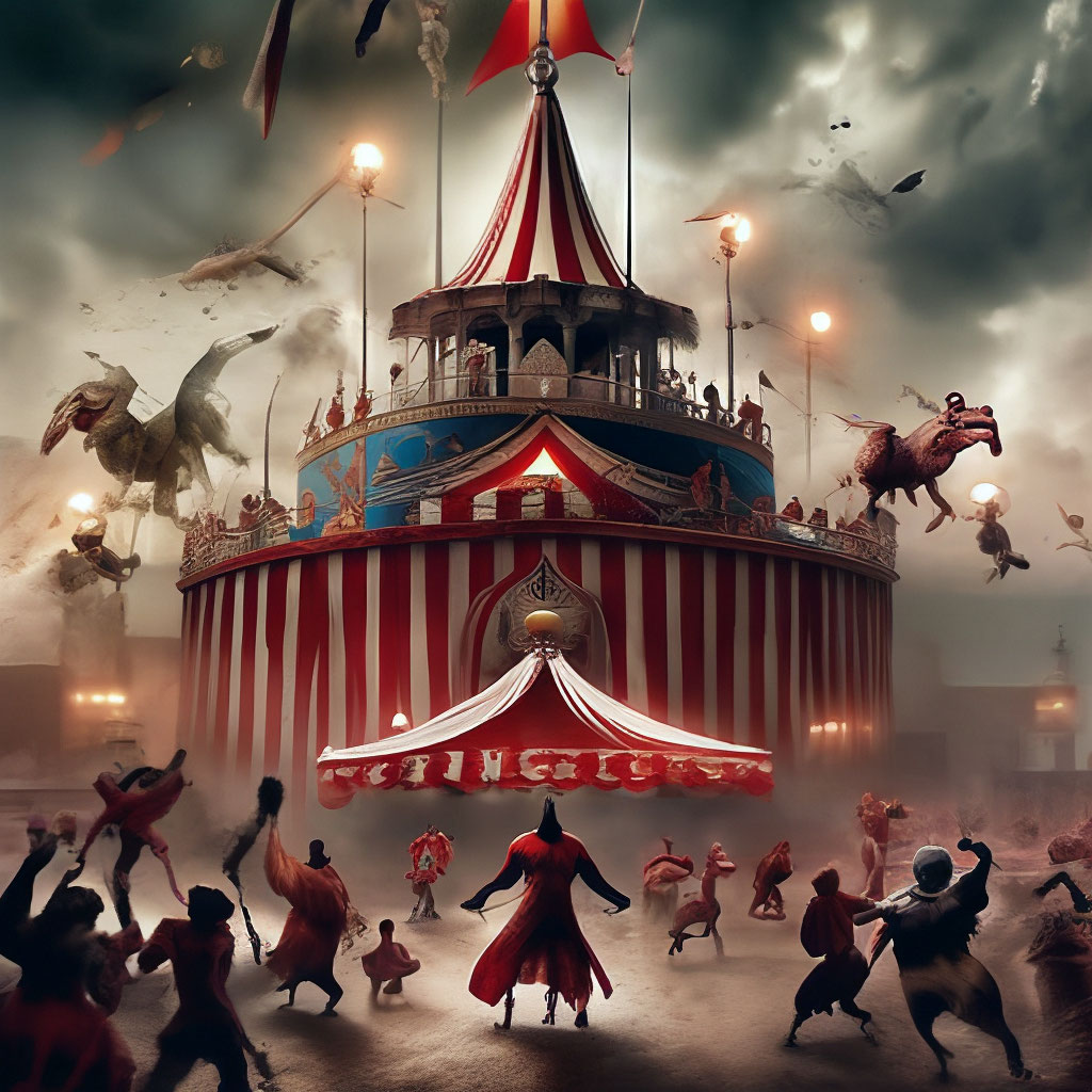 "Poster + Circus of monsters, hell, fear, horror, demon. On the wall of ...