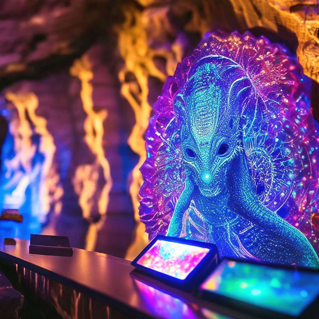 "Cave on the wall large alien hologram monitor hologram of a creature ...