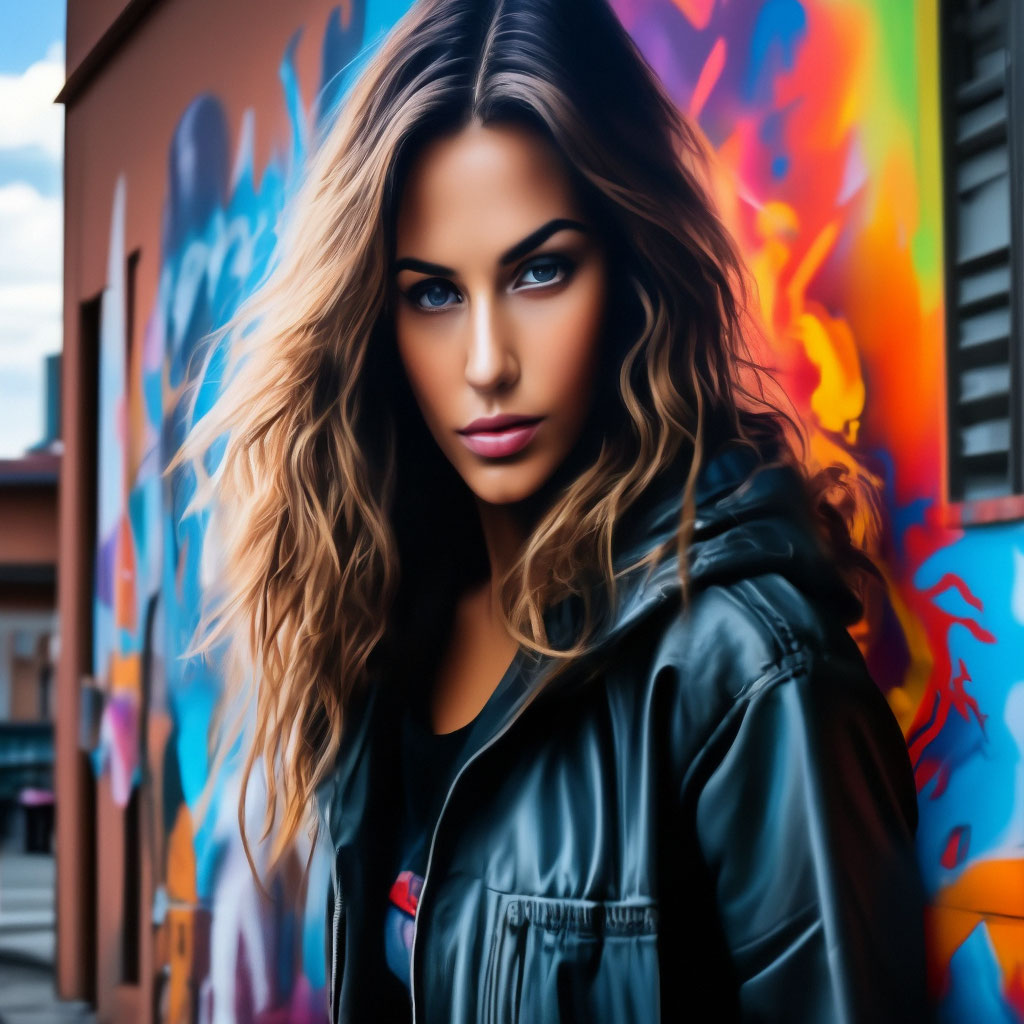 "Graffiti on the wall of the building - a girl in a multicolored haze ...
