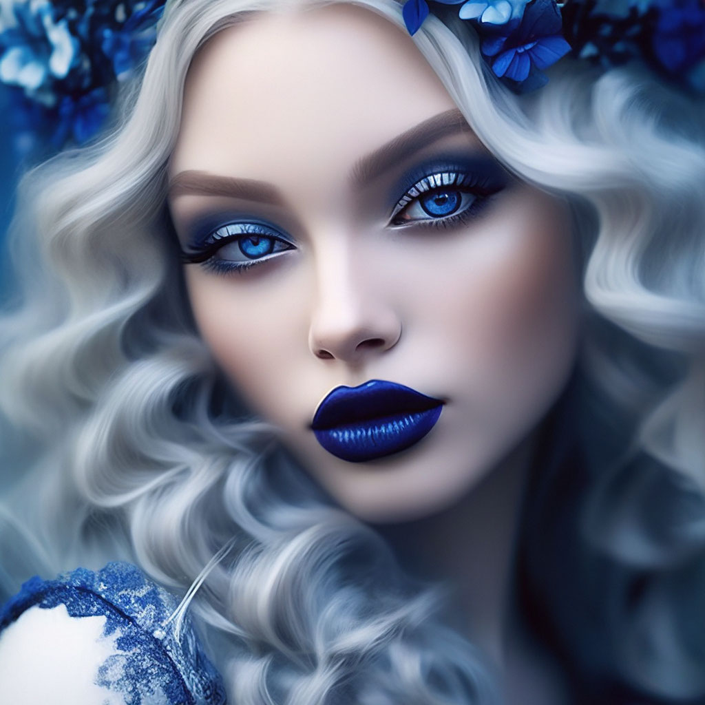 "Shades of blue, gothic, beautiful girl, white skin, shimmering curls ...
