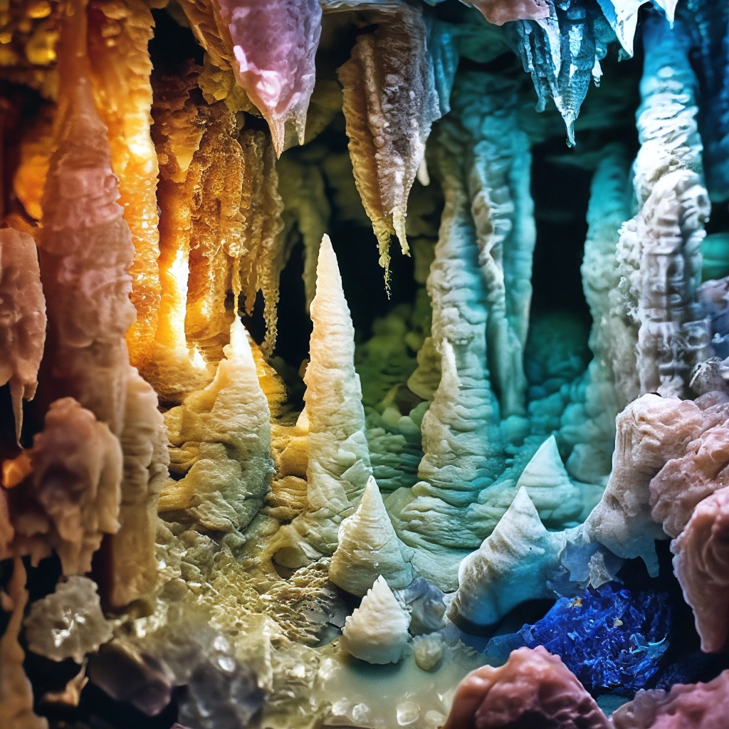 "Stalactites and stalagmites in a cave made of crystals and precious ...