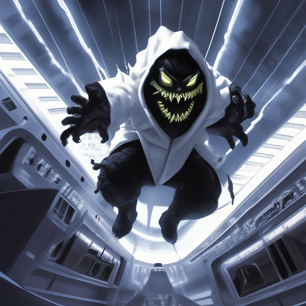 "A black scary monster in a white jacket jumps off a plane by parachute ...
