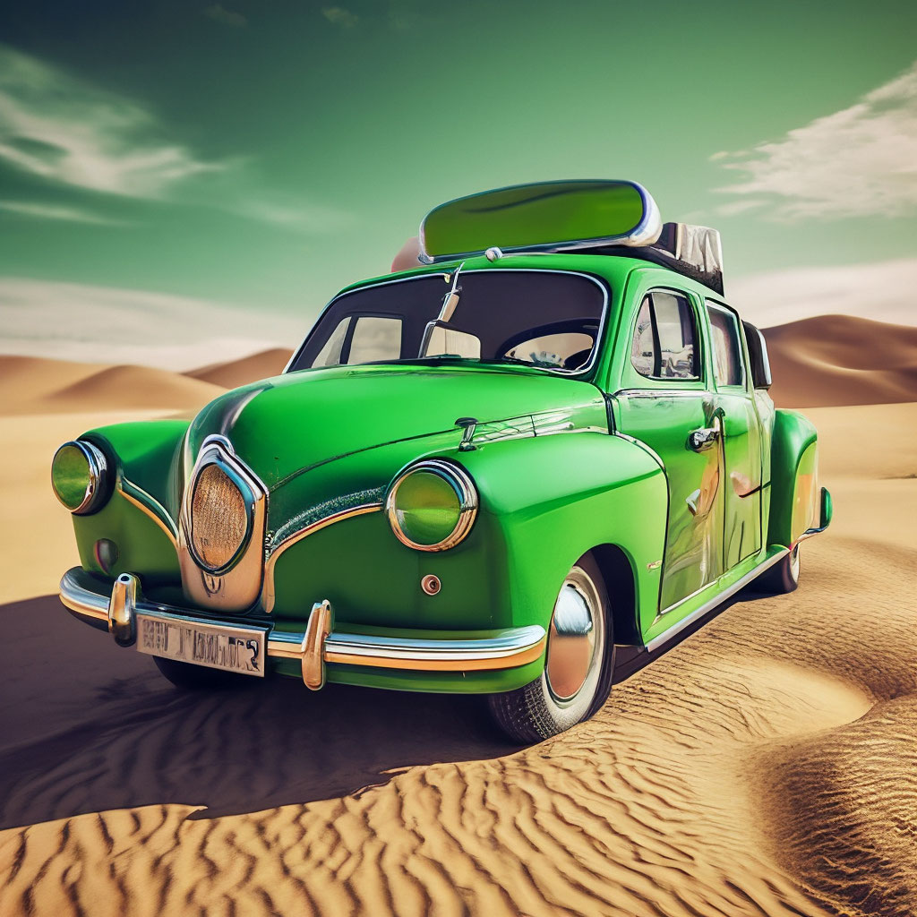"Green-eyed taxi, retro, desert, futuristic, aesthetic, realistic ...