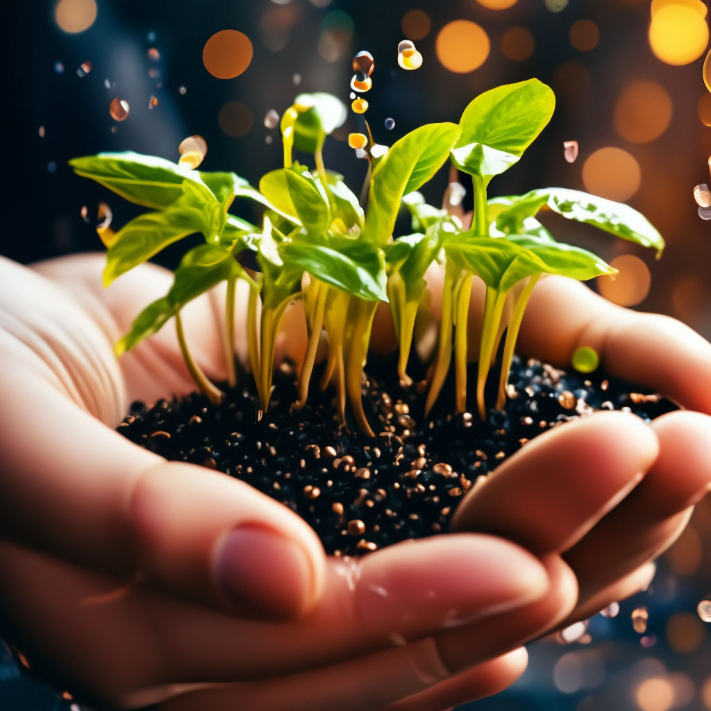 "Germinating seeds in the hands, dew, glare, macro, rainbow glitter on ...
