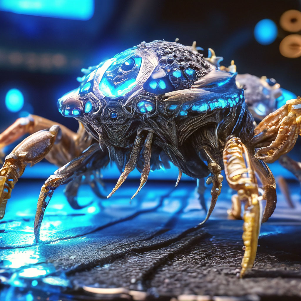 "Hyperdetalization.Alien Crab mutant 10 eyes,shining with blue light ...