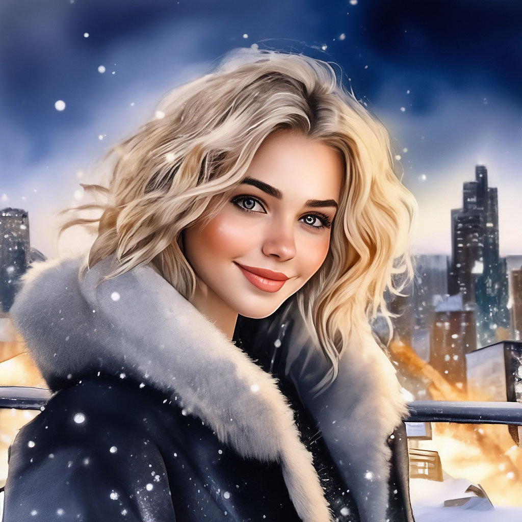 "Realistic watercolor, drawing. Very beautiful girl,short blonde wavy ...