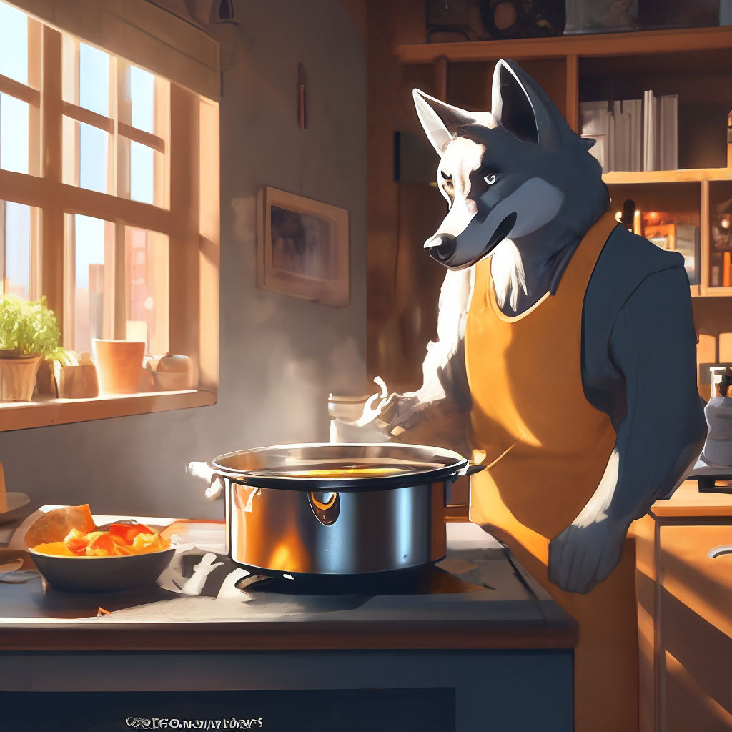 "Wolf cooks soup in the kitchen in the apartment" — image created in ...