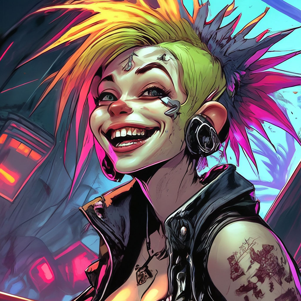 "Punk girl ugly girl, smiling maliciously, grotesque, science fiction ...