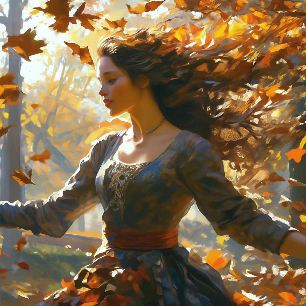 "19th century,autumn park,autumn girl twists a whirlwind of leaves in a ...
