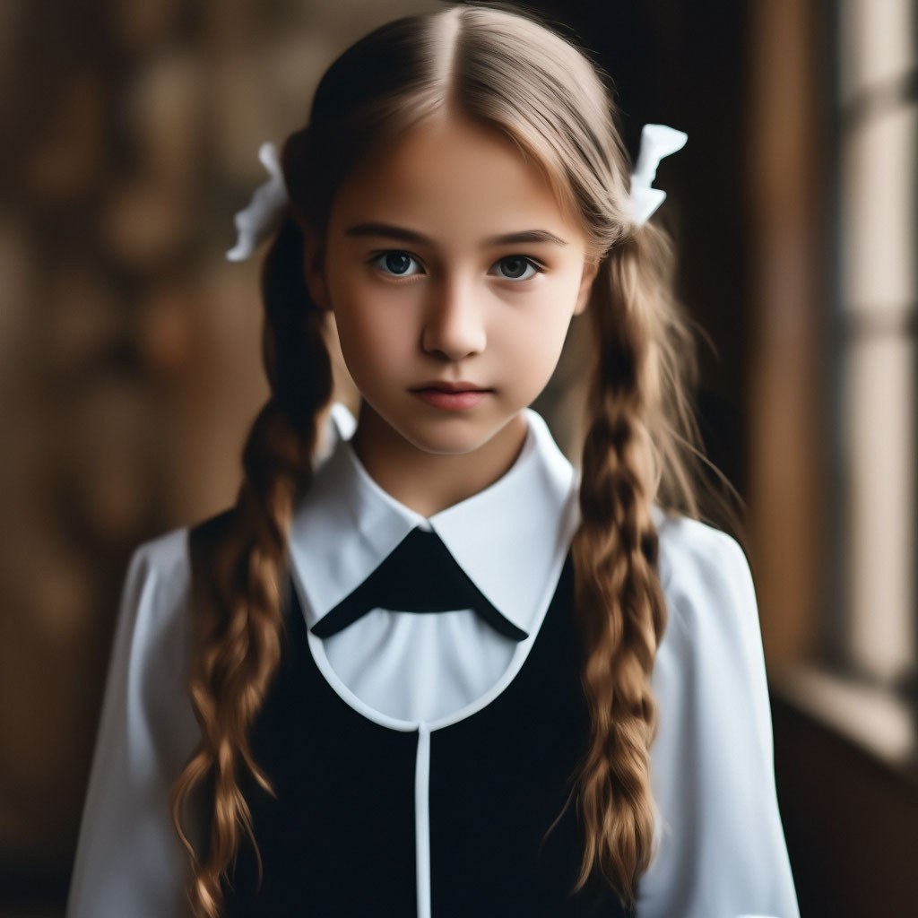 "A cute Soviet-era schoolgirl girl in a black school dress with a white ...