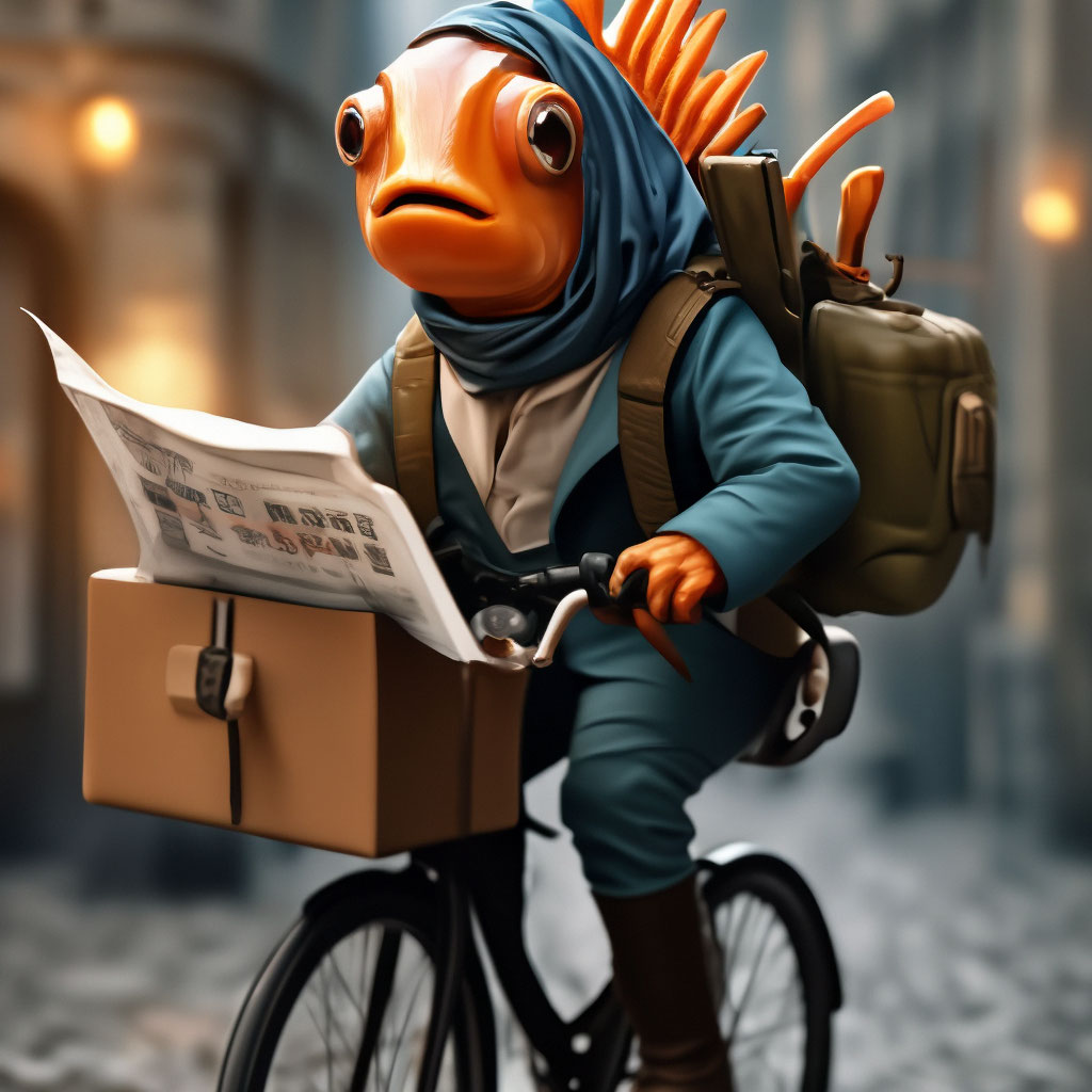 "A fish postman in clothes on a bicycle delivers letters and newspapers ...