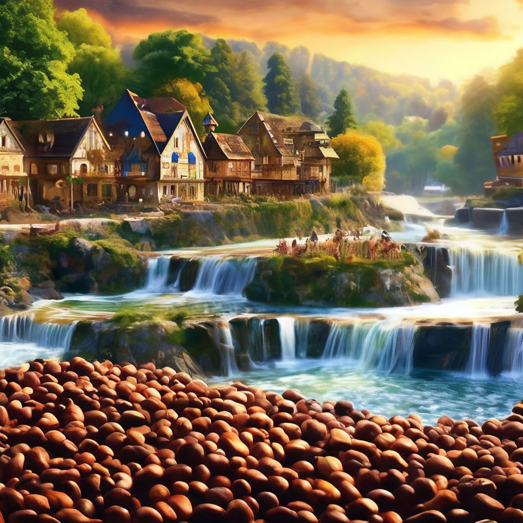 "Mosaic of down and coffee beans, fairyland, fabulous river, waterfall ...