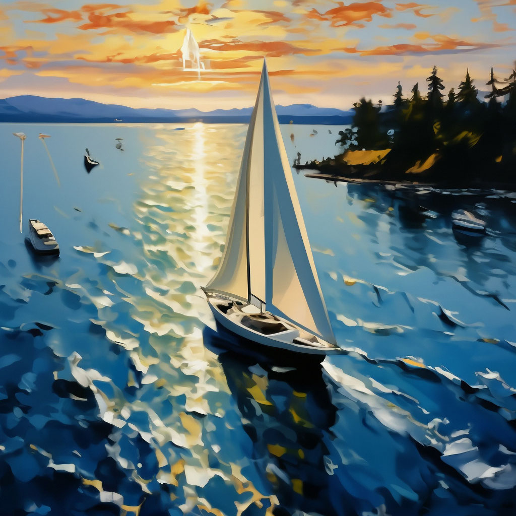 "Bird's eye view, seascape, yacht, island, wind movement, blocked ...