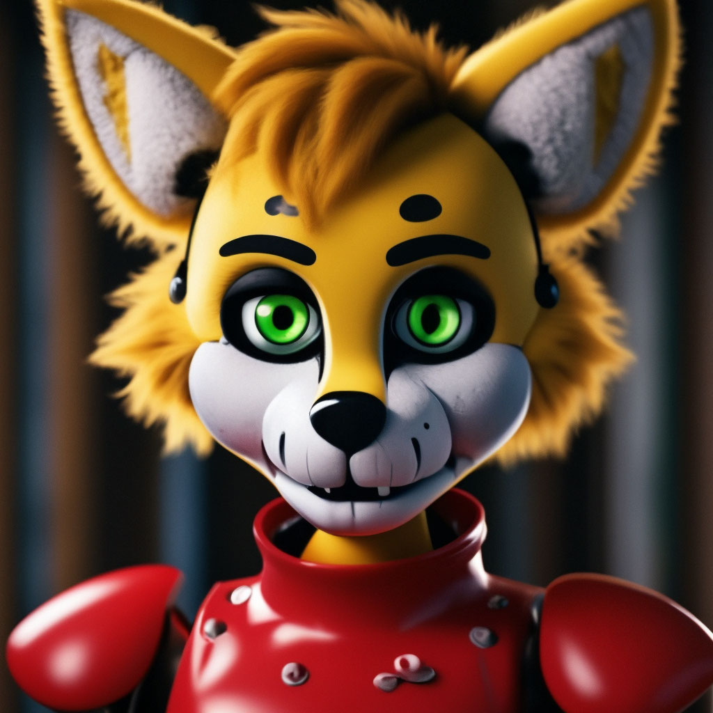 "Animatronic lynx from fnaf, female, in a red dress, with green eyes ...