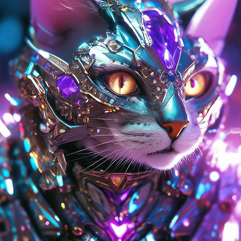 "Super cat in armor, hyper realistic, beautiful cybersuit, macro ...