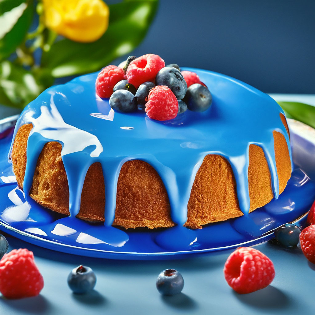 "On a blue plate there is a bright blue completely sponge cake poured ...